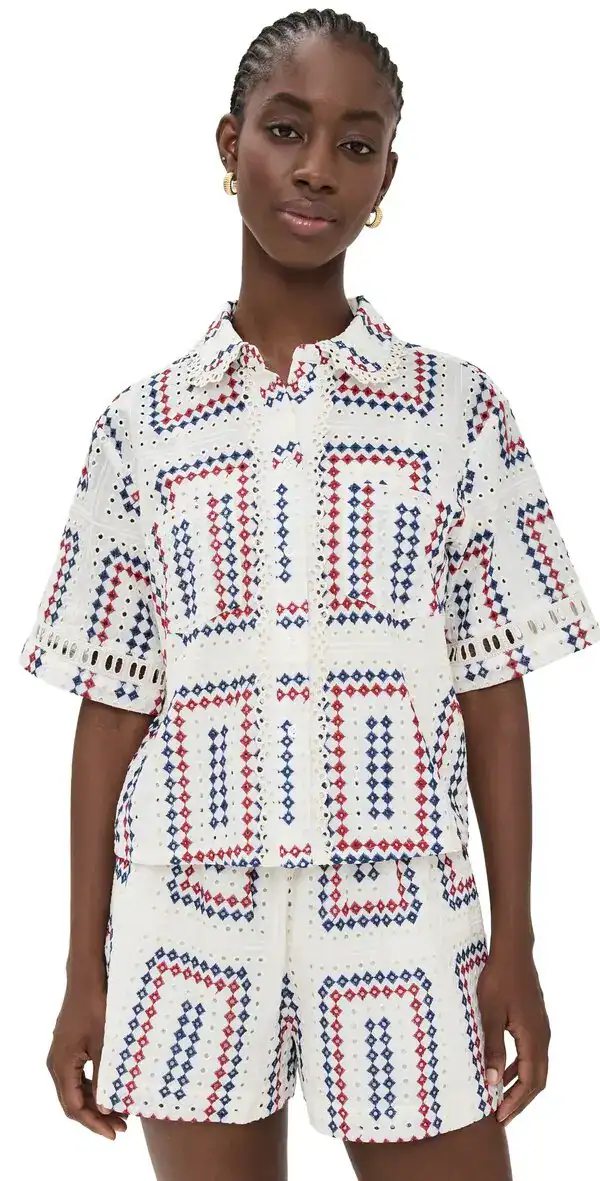 Hill House Home Annette Top In Geo Eyelet/Red White Blue - 30% Off